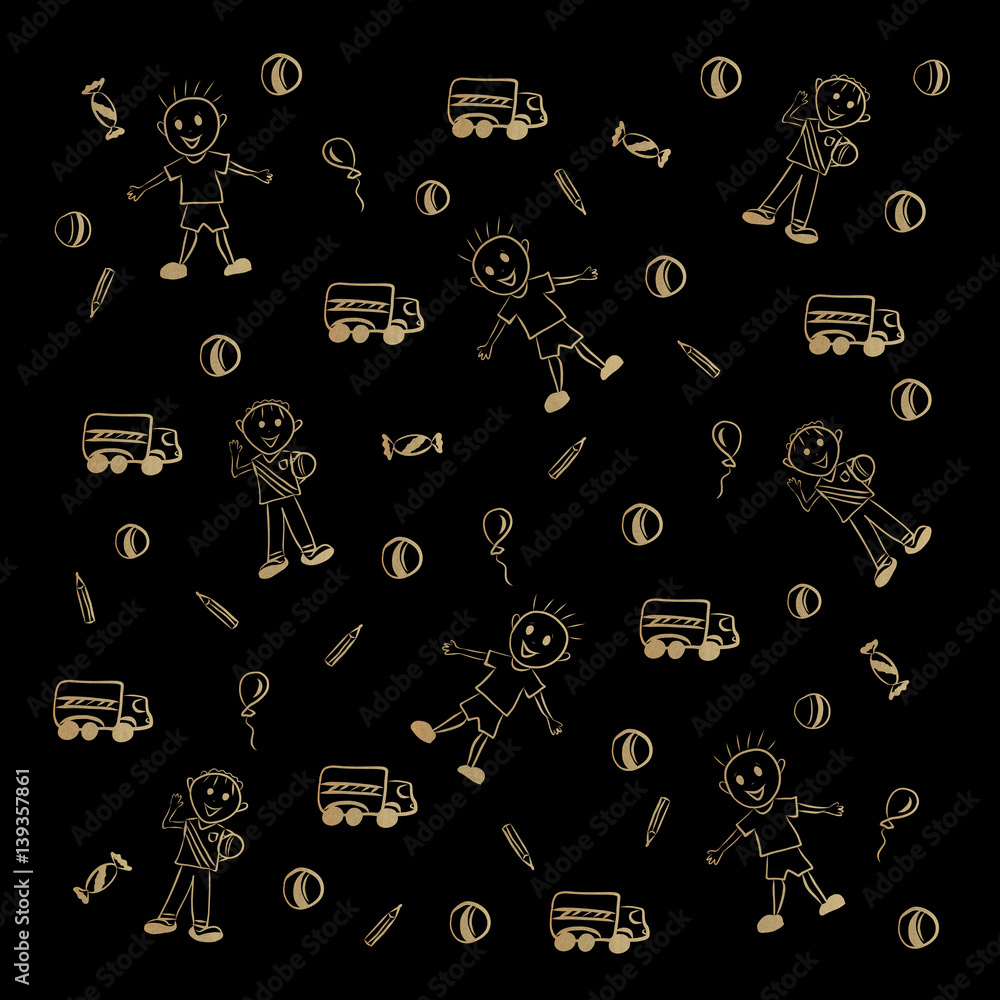 Cheerful and fun children's pattern with gold boys and toys, on black ...