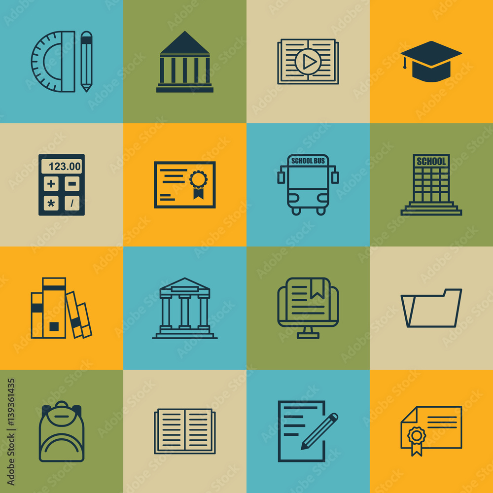 Set Of 16 School Icons. Includes E-Study, Graduation, Education Center ...