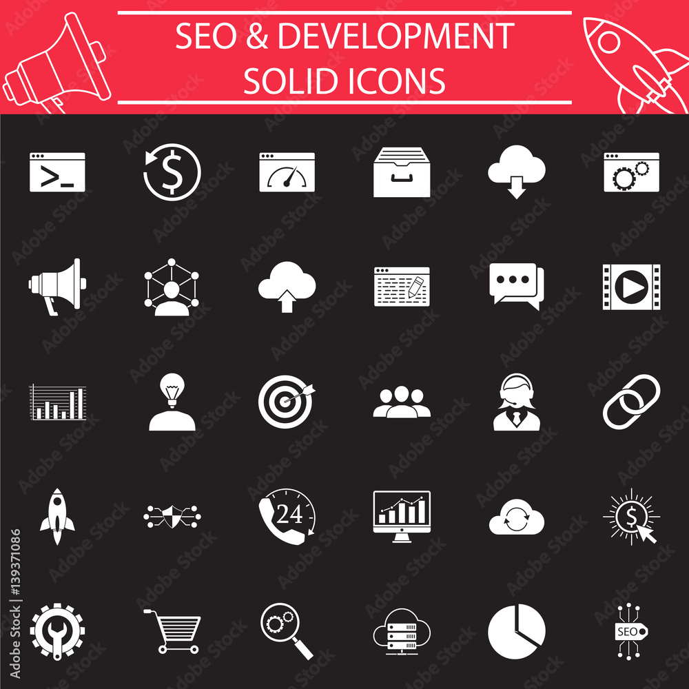 SEO & Development solid pictograms package, marketing symbols ...