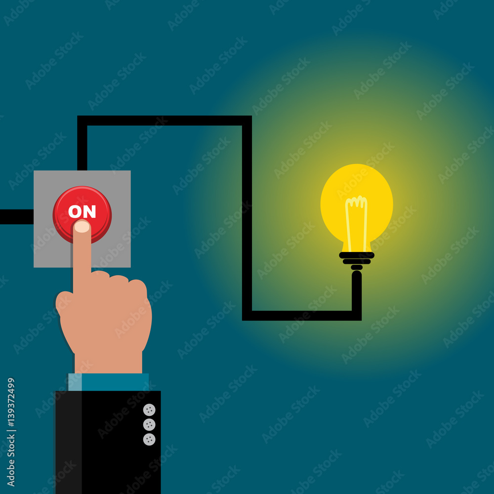 Vetor de Simple business cartoon iillustration of a man pressing ON ...