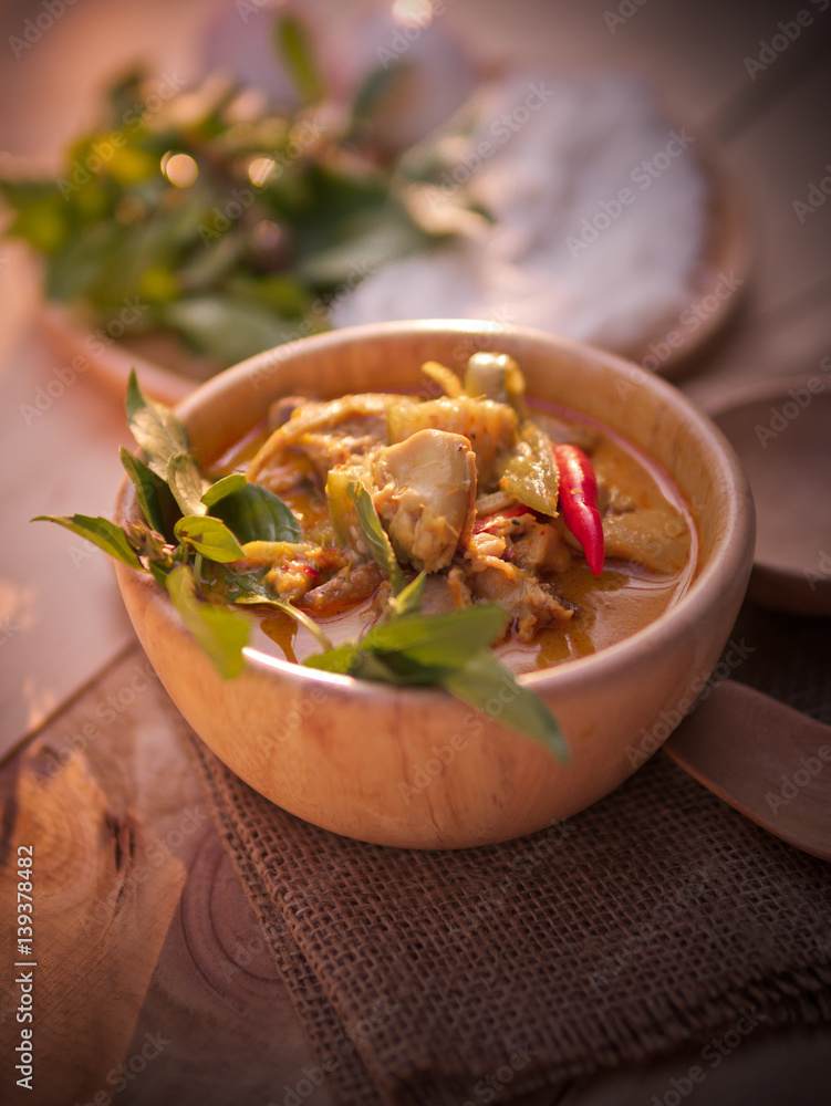 Thai traditional food style Thai vermicelli eaten with green curry ...
