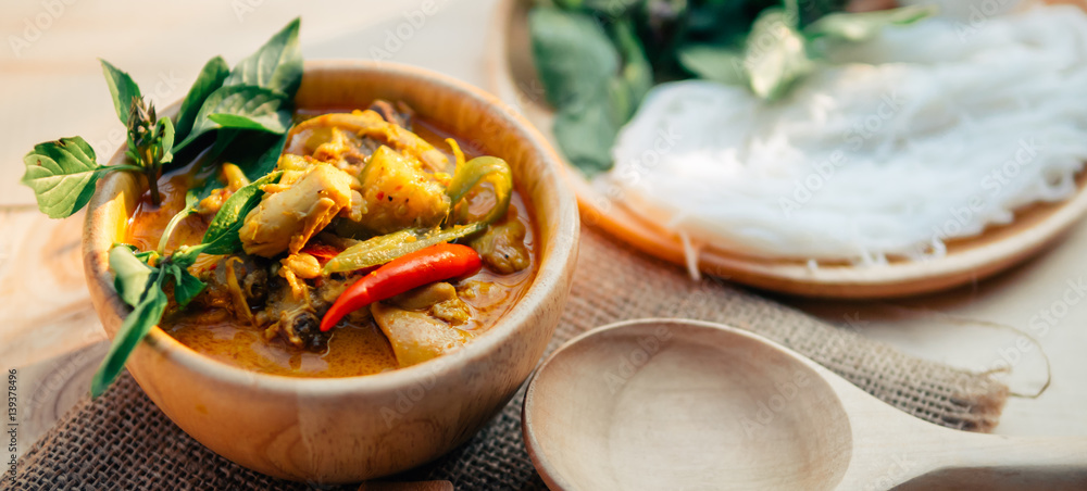 Thai traditional food style Thai vermicelli eaten with green curry ...