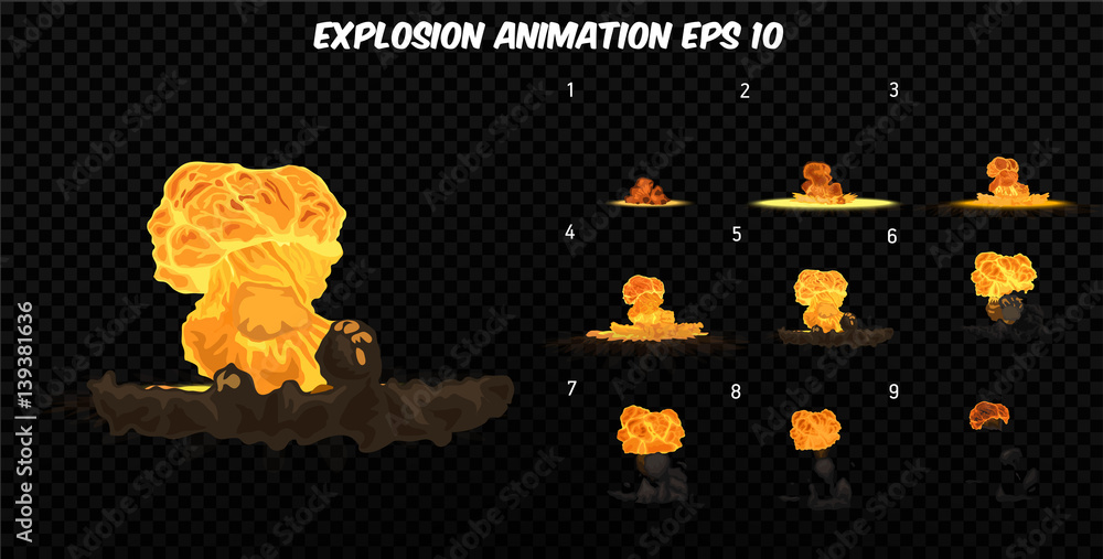 Vector explode. Explode effect animation with smoke. Cartoon explosion ...