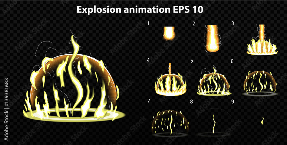 Vector explode. Explode effect animation with smoke. Cartoon explosion frames. Sprite sheet of ...