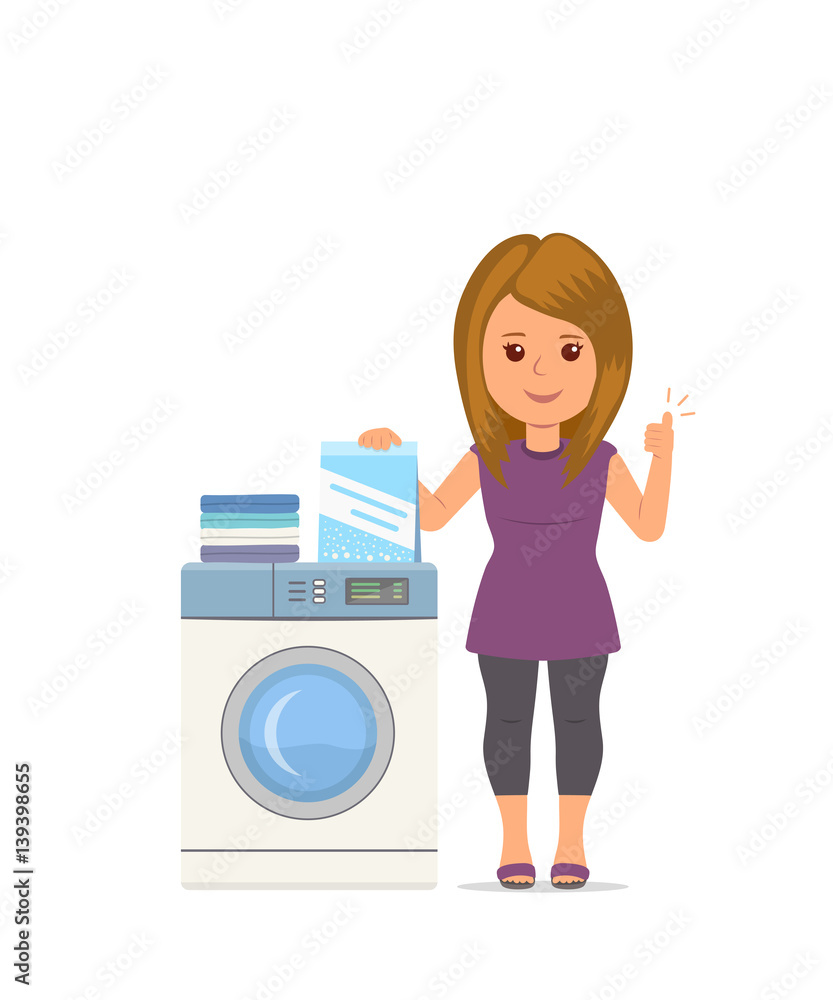 Isolated vector cartoon woman housewife washes clothes in the washing ...