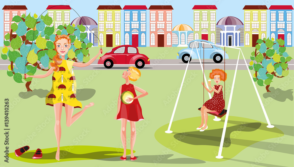 vector cartoon illustration with cute girls playing on the street with ...