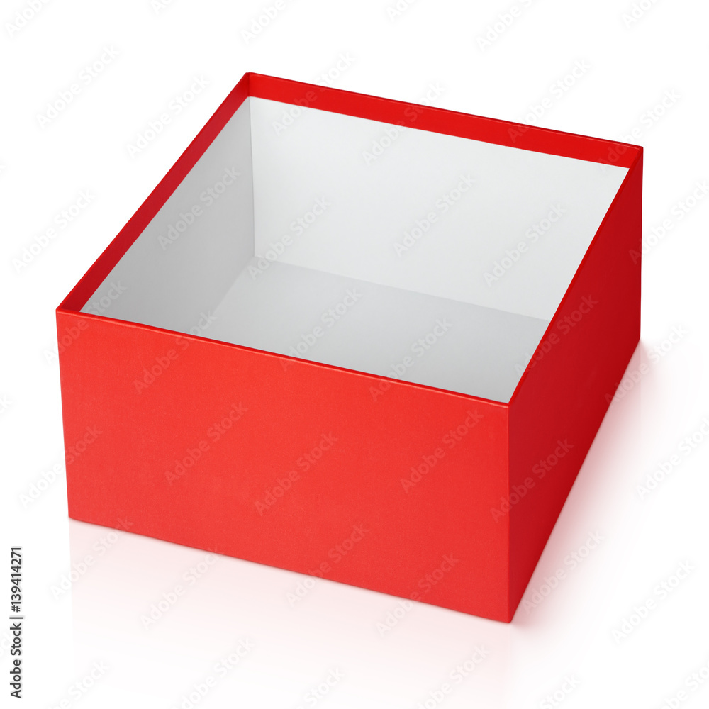 One open empty red square box isolated on white background with ...