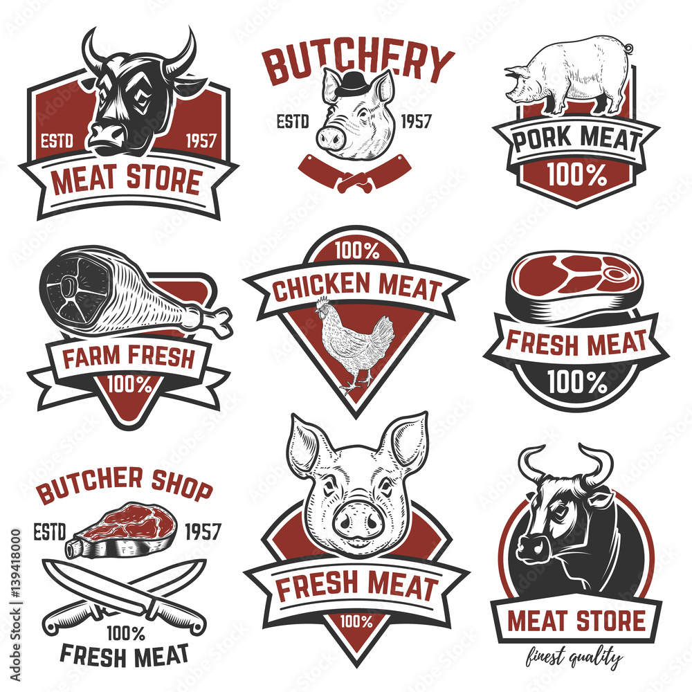 Set of meat store, fresh meat labels quality. Design elements for logo ...