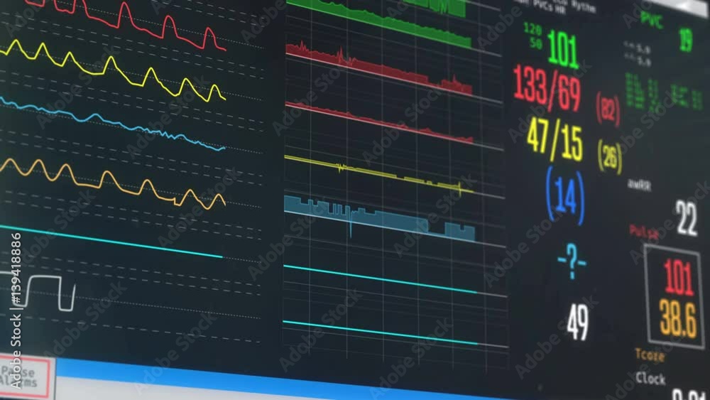 ICU bedside monitor showing person's vital signs, high temperature ...