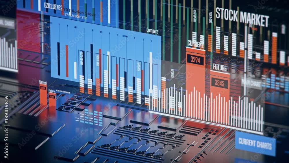 Stock market index prices moving up and down, 3D chart, economic ...