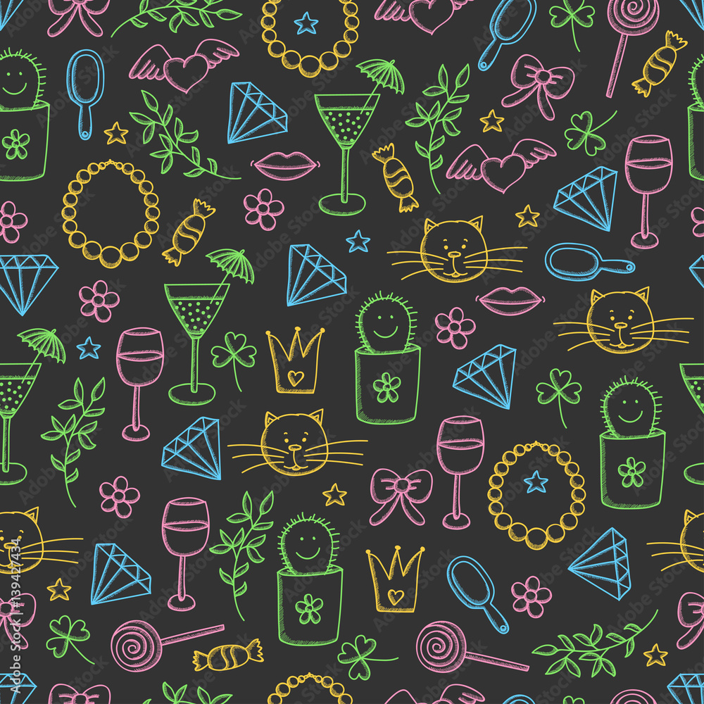 Neon seamless pattern with cat, diamond, bow, cacti, sweet, candy, leaf ...
