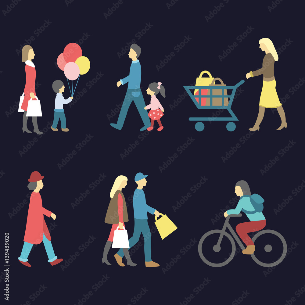 Vector set of walking and shopping people icons in trendy flat style ...