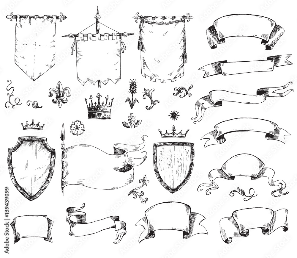Vector hand drawn collection of heraldic templates: shield, flag vector ...
