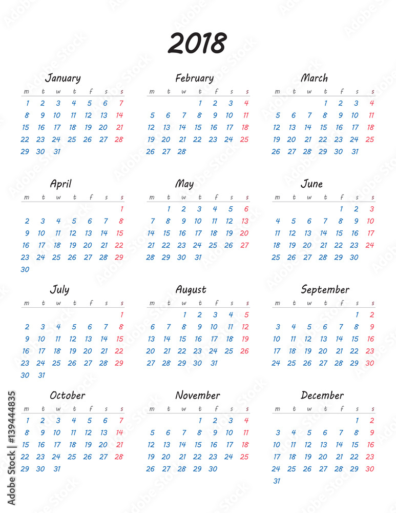Simple calendar 2018 year. Week starts from monday. Vector illustration ...