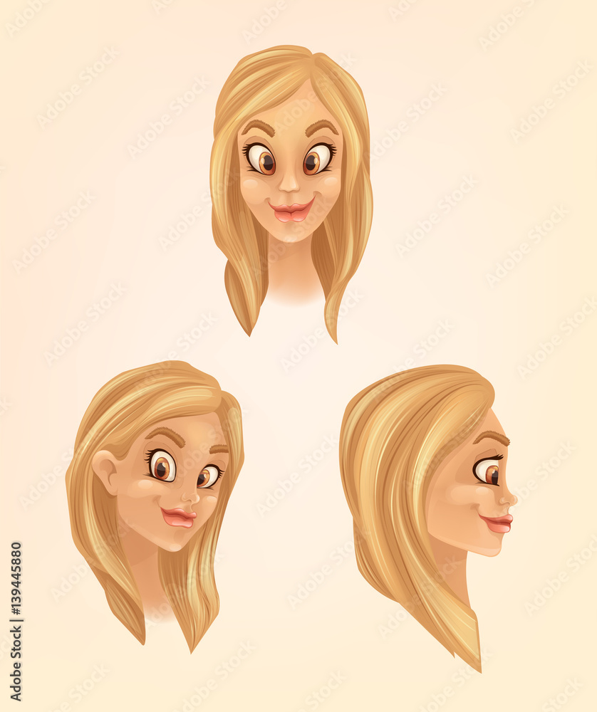 Blonde Woman Character Head From Different Angles Vector Flat Cartoon