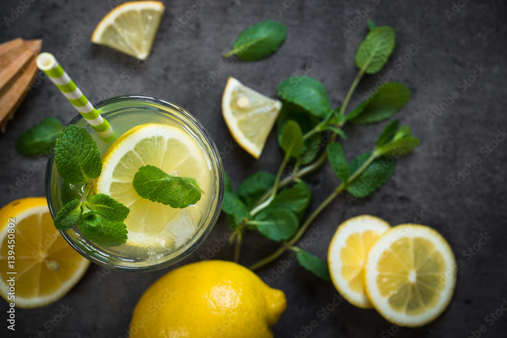 Lemonade Traditional Summer drink. Top view dark background Stock Photo ...