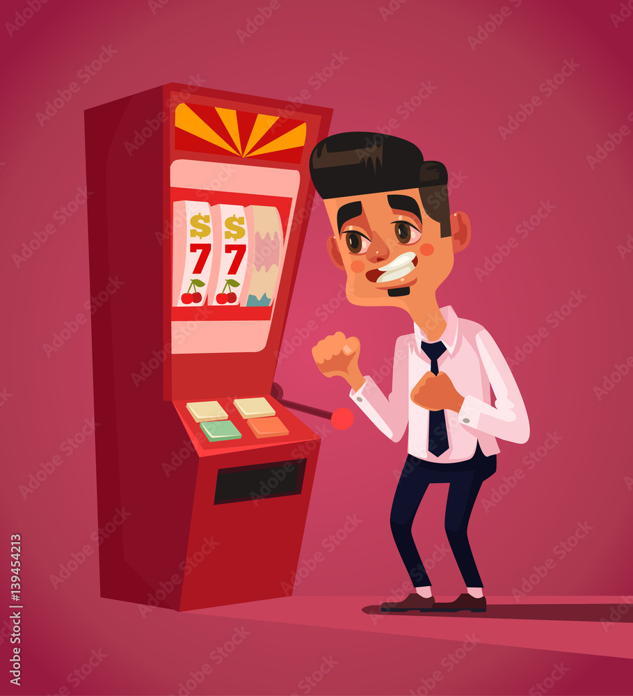 Man character play in slot machine. Vector flat cartoon illustration ...