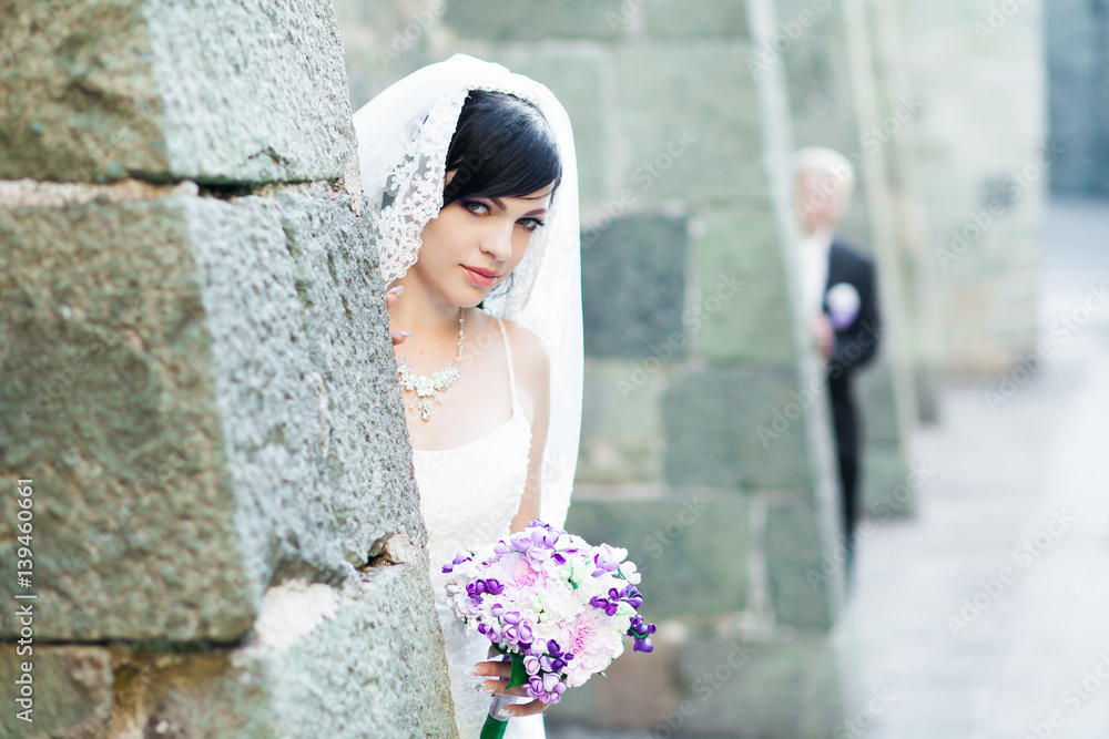 Bride and groom at wedding Day walking Outdoors on spring nature ...