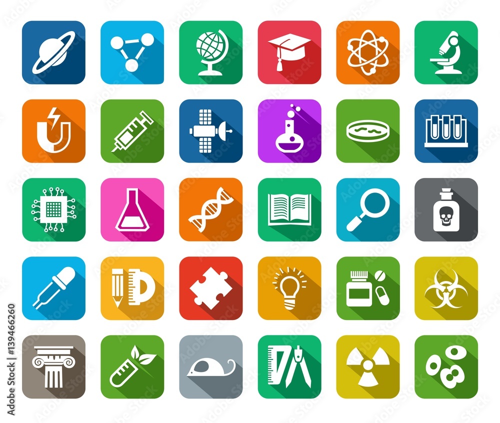 Science, icons, colored, flat, vector. White icons on a colored ...