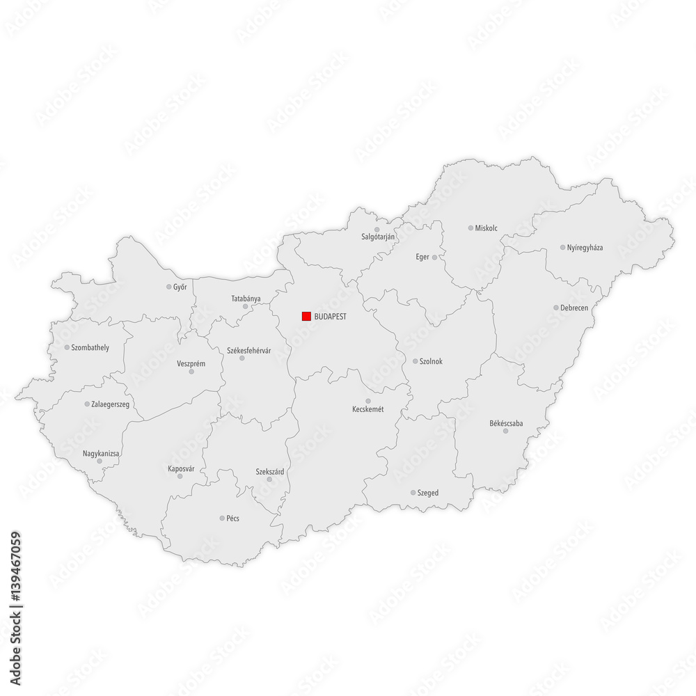 Hungary on a map with cities and landforms