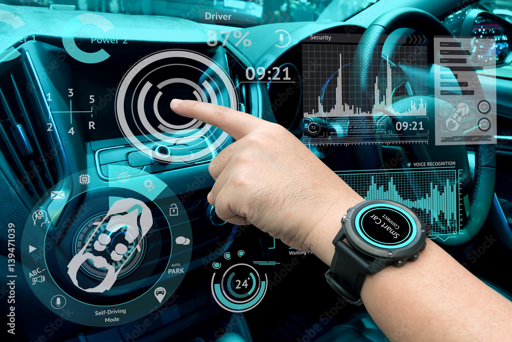 Smart car , watch and internet of things (IOT) concept. Finger point to ...