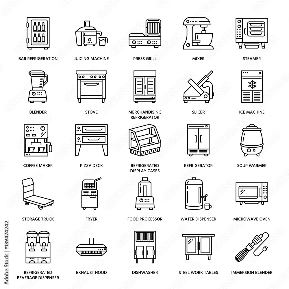 Restaurant professional equipment line icons. Kitchen tools, mixer ...