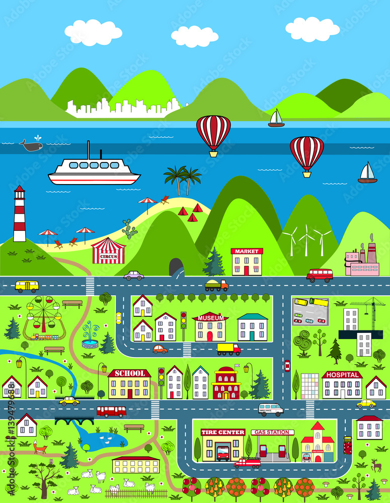 Detailed cartoon map with city, mounatins, and sea Stock Vector | Adobe ...