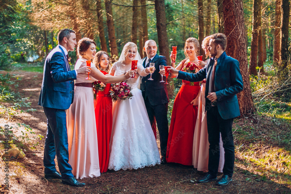 Bride and groom with happy groomsmen and bridesmaids having fun and ...