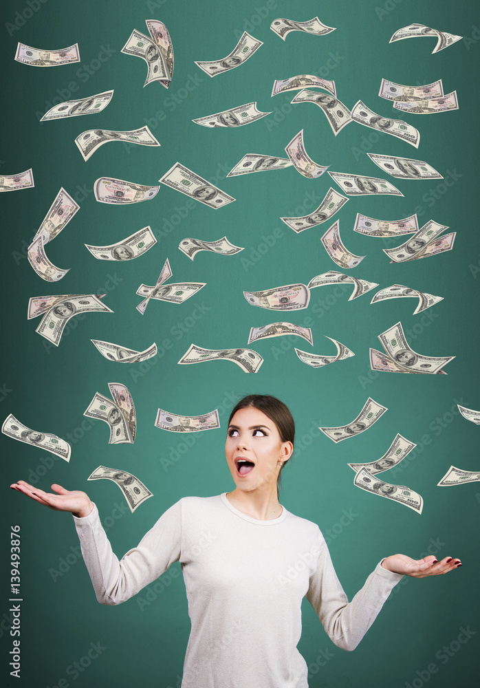 money rain beautiful girl with a lot of money falling from above ...