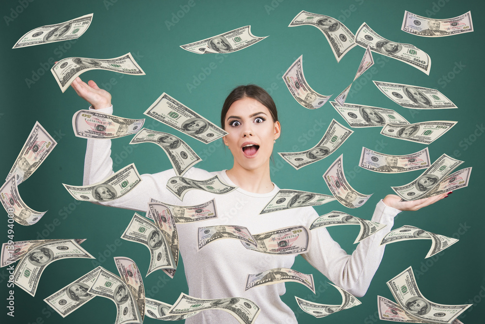 money rain beautiful girl with a lot of money falling from above ...