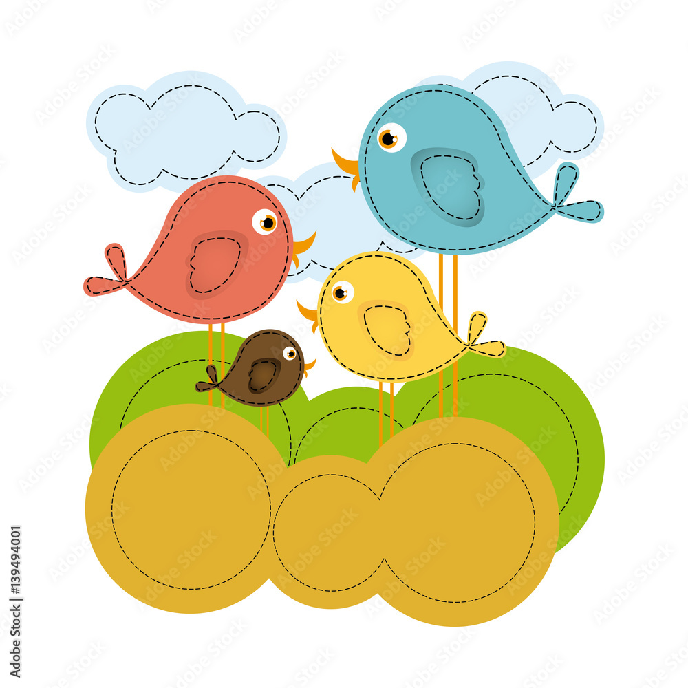 colorful landscape with cartoon birds set vector illustration Stock ...