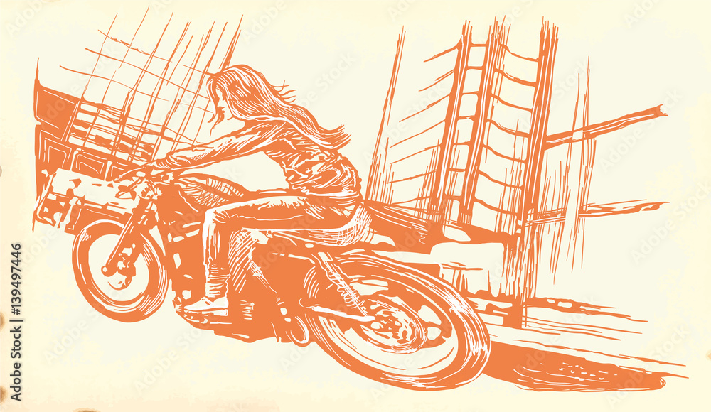 An young woman with long hair riding motorcycle, fast bike in a modern ...