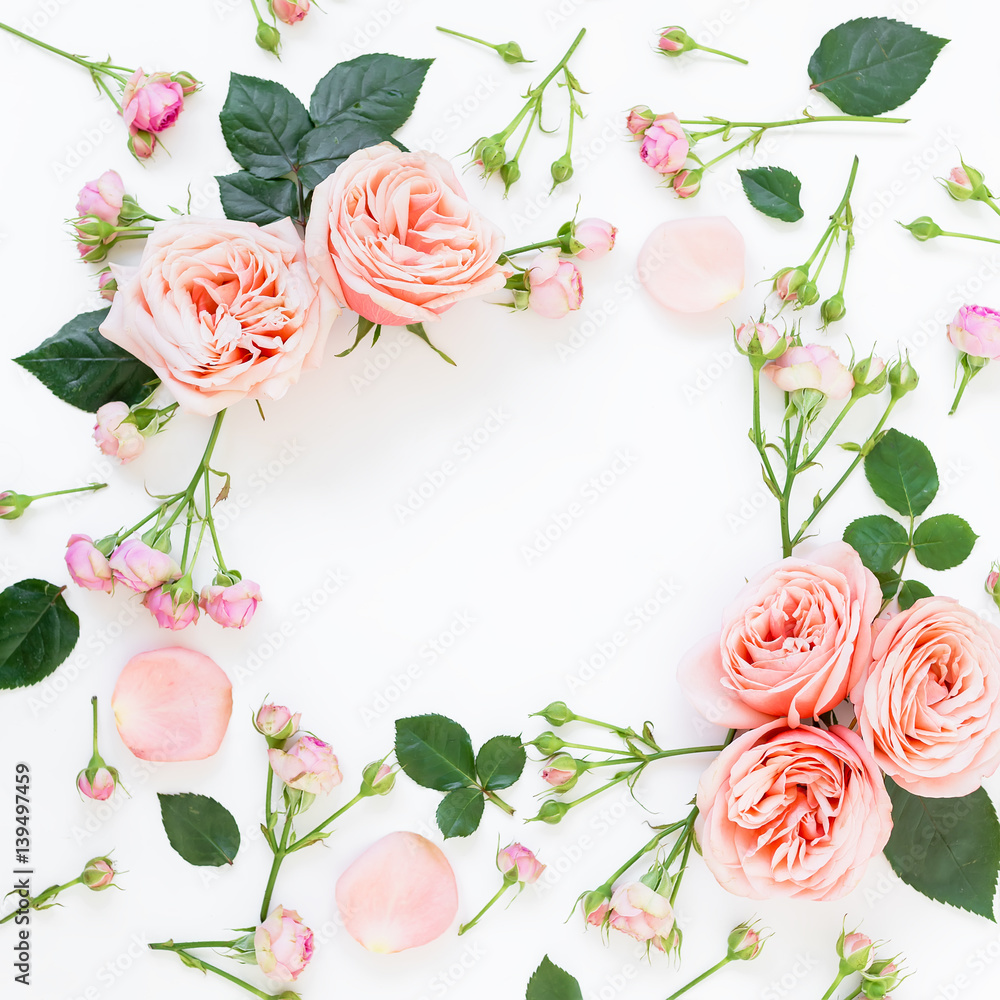 Floral frame with beautiful pink roses and leaves on white background ...