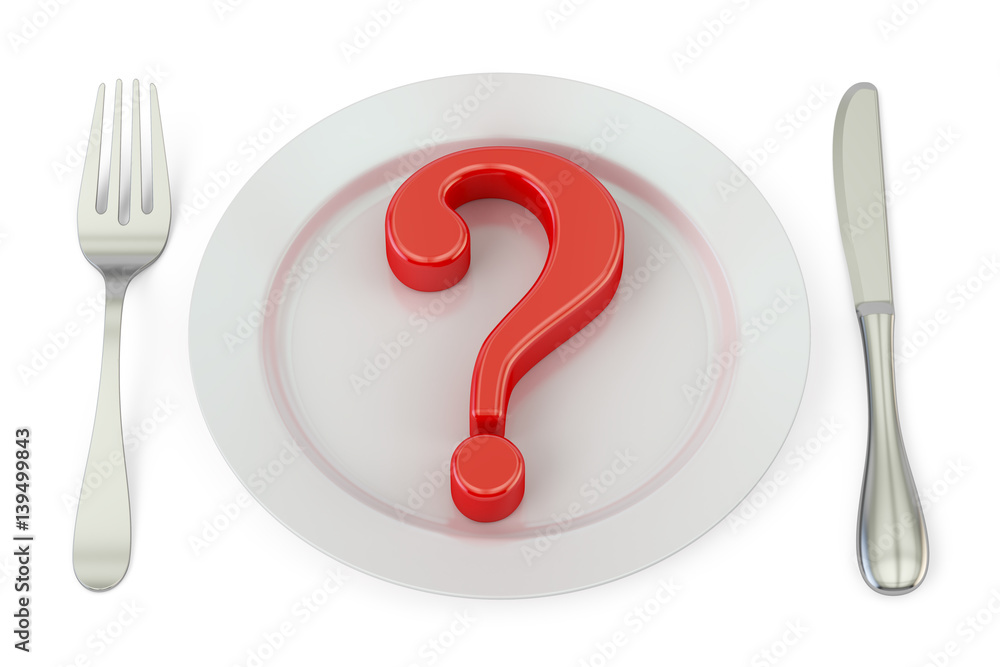 Plate with question mark, healthy or unhealthy food concept, 3D ...
