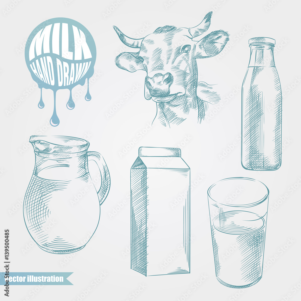 Hand drawn Set with Cow and milk products. Bottle and glass with fresh ...