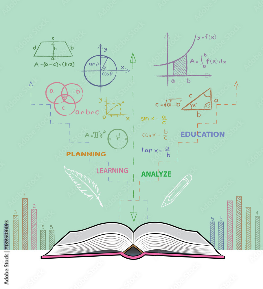 Open book and mathematical formulas. Drawing of book on the table in ...