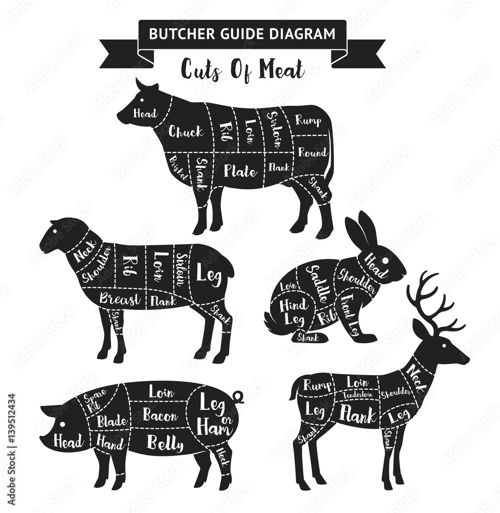 Butcher guide cuts of meat diagram. Vector illustrations. Stock Vector ...