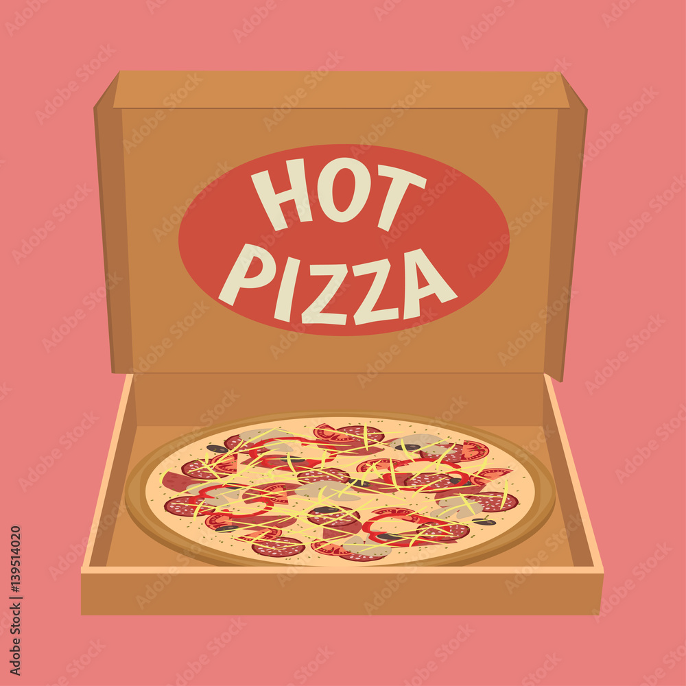 Cartoon, colorful pizza in a cardboard box Stock Vector | Adobe Stock