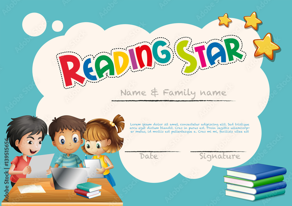 Reading star award template with children background Stock Vector ...