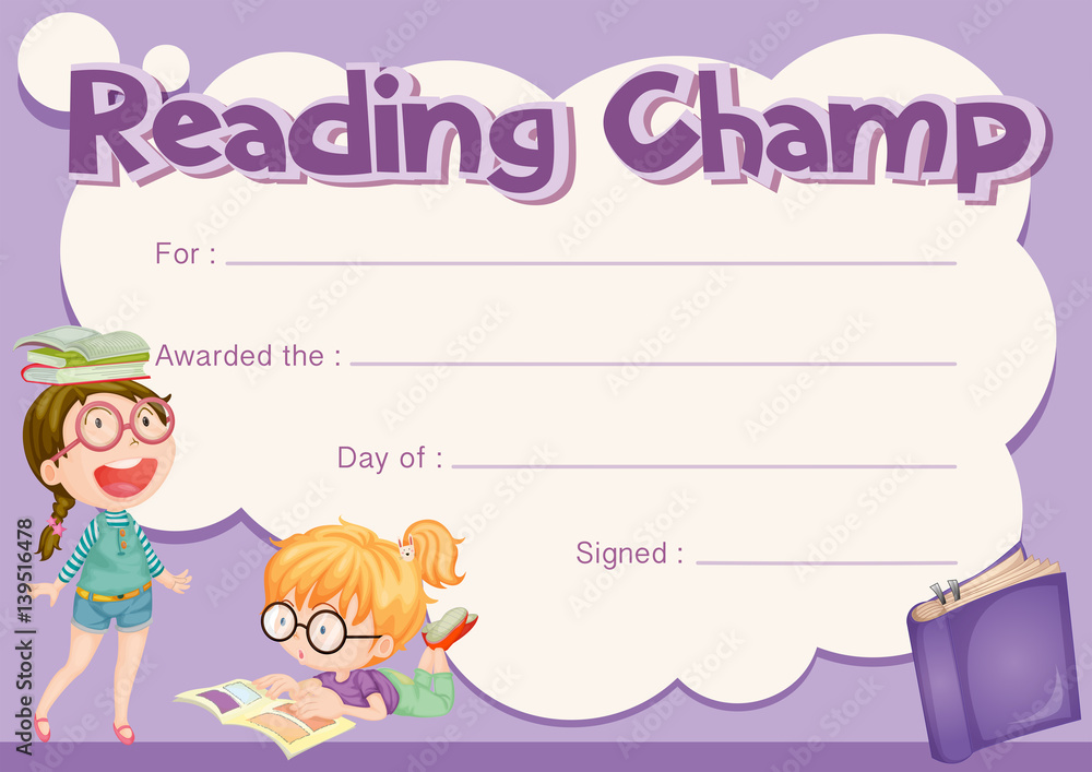 Certificate template for reading champ with purple background Stock ...