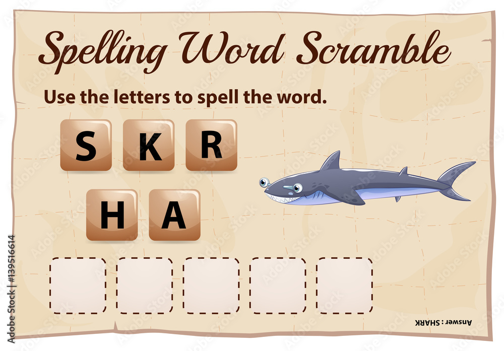 Spelling word scramble game for word shark Stock Vector | Adobe Stock