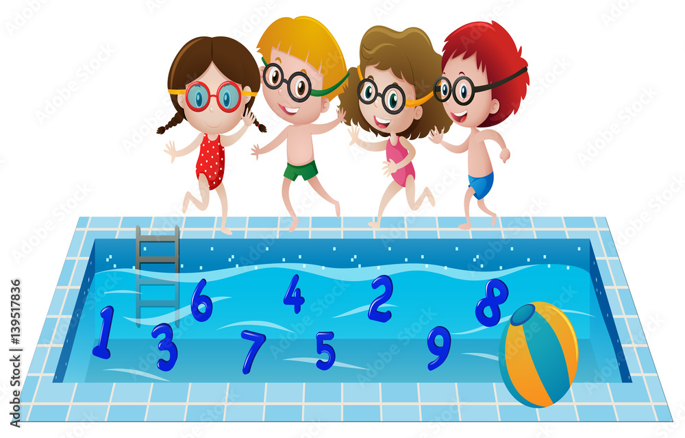 Children in swimming suit playing with numbers in the pool Stock Vector ...