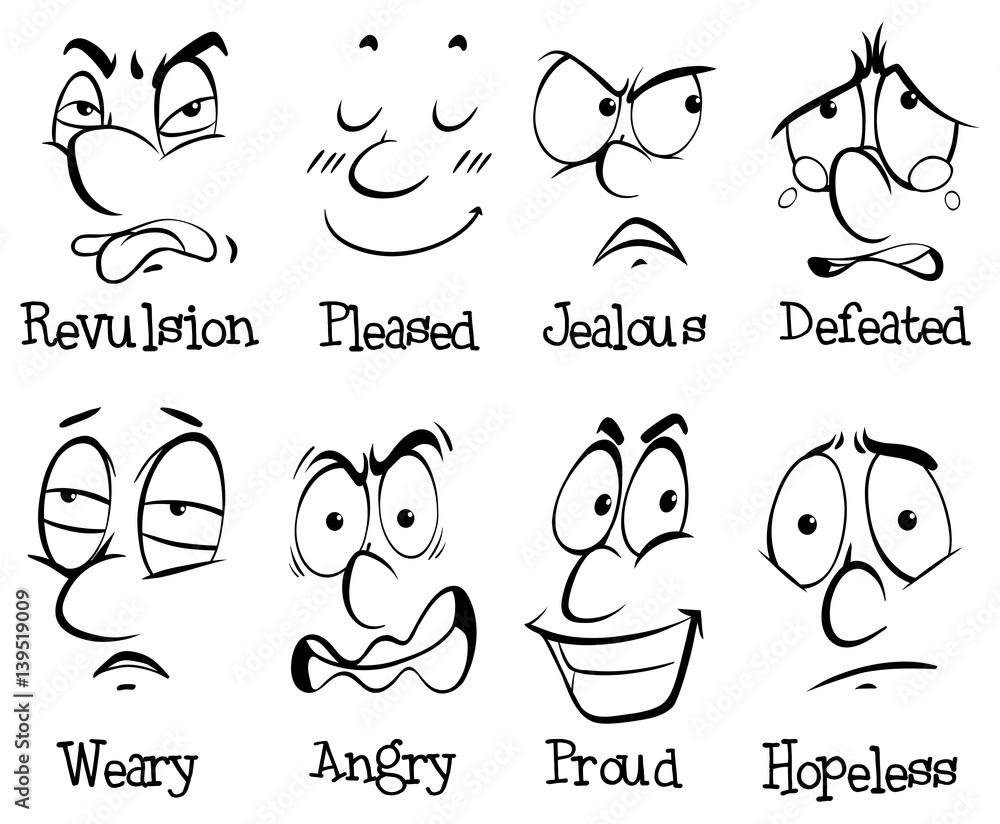 Eight different facial expressions with words Stock Vector | Adobe Stock