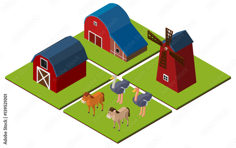 3D design for farm scene with barns and animals Stock Vector | Adobe Stock