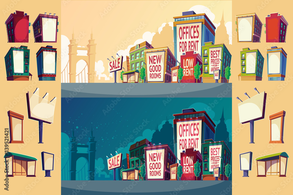 Set vector cartoon illustration of an urban landscape with buildings ...