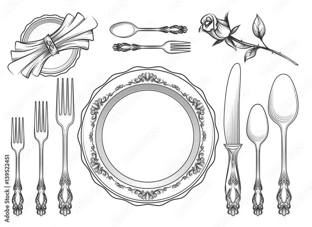 Vintage food service equipment sketch. Romantic hand drawn dinner cafe ...