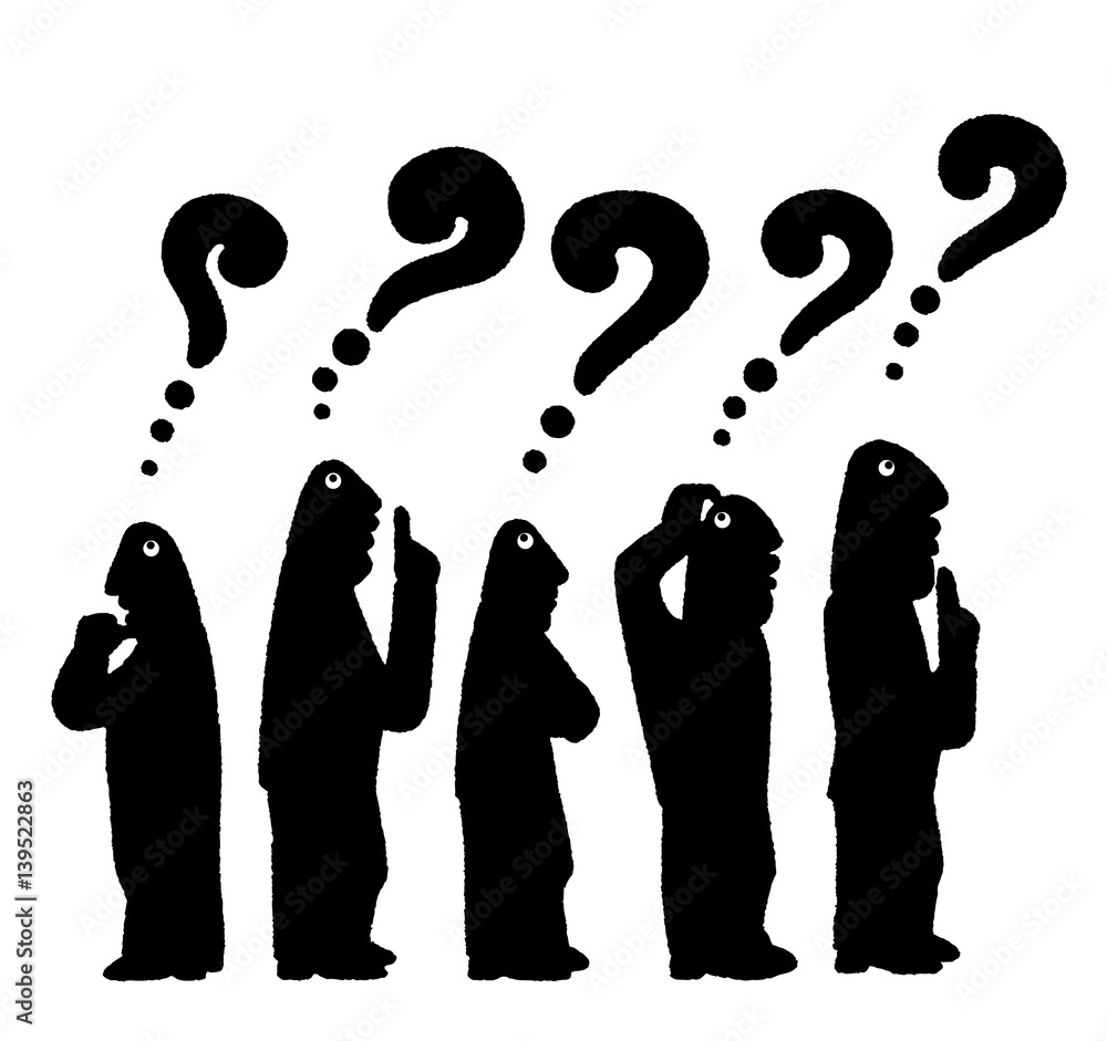 A crowd of men ponder, Black-and-white silhouette of the crowd of five ...