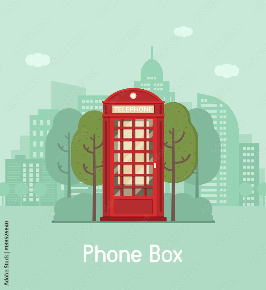 Red phone booth vector illustration. Classic phonebox on modern city ...