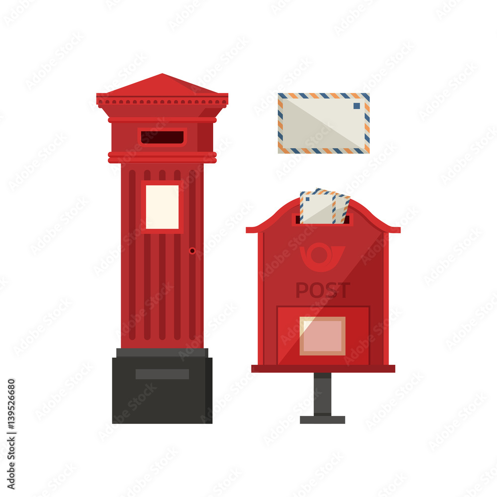 Red postbox vector illustration with vertical pillar letter-box, public ...