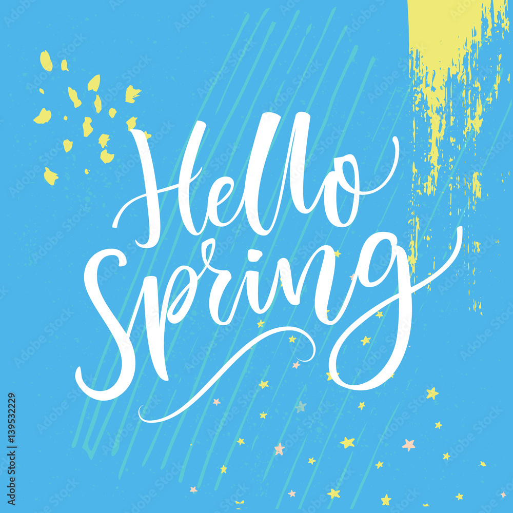 Hello spring text, modern calligraphy at blue grunge background with ...